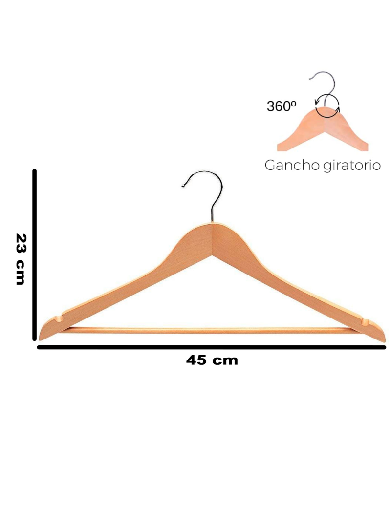 Pack de 3 perchas de madera con barra y gancho metálico rotatorio 360º ...