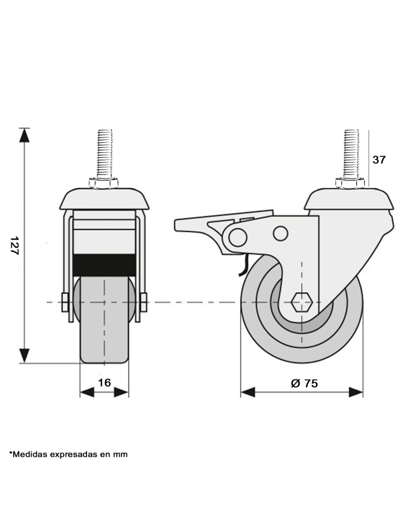 Rueda giratoria con freno para muebles, goma y hierro, incluye placa de ...